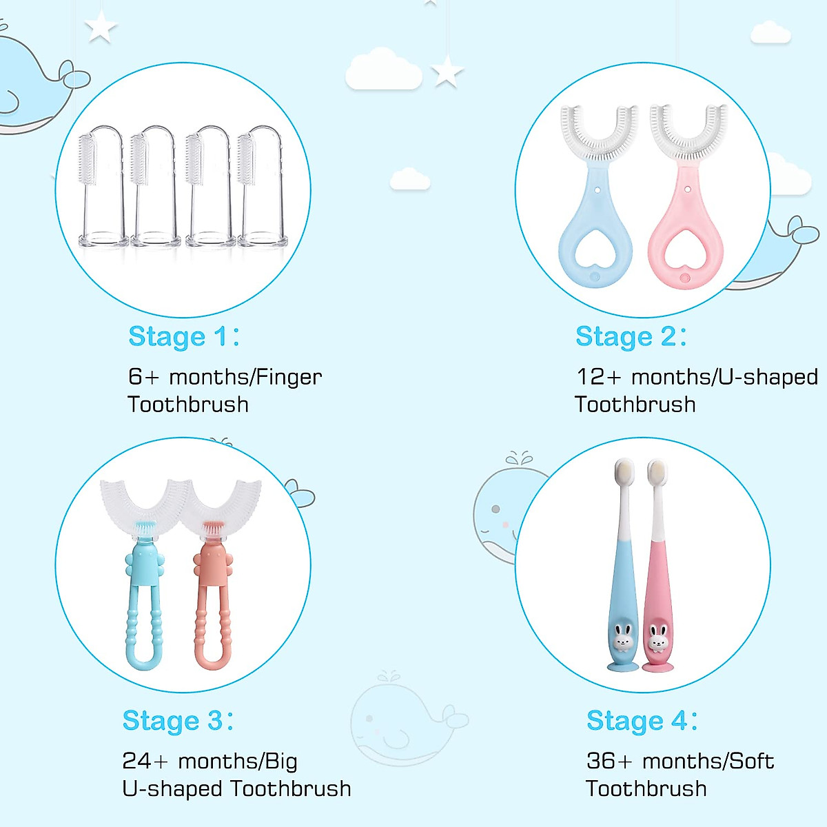 Baby Toddler Infant Toothbrush 6 to 12 Months and Up Age 1 2 3 1-2 2-4 Year Old, 10 in 1 Toothbrushes Gift Set with Soft Finger U-shaped Brush Brushing Bristles for Newborns Kids Children Child