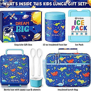 Fimibuke Kids Bento Lunch Box with 4 Compartments, Insulated lunch Bag, Stainless Steel Vacuum Thermos Food Jar, Ice Pack & Utensils Set, Birthday Gifts for Aged 3-12 Back to School Toddler Girls Boys