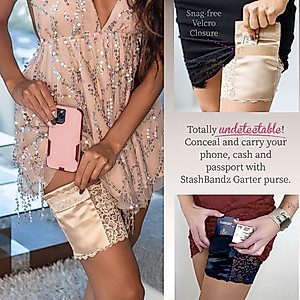 Stashbandz Thigh Bag Garter Purse, French Lace Wallet and Flask Holder, Stays Put Silicone Grip, 2 Ample Secured Pockets, Holds Any Size Phone, Money, Passport, & More