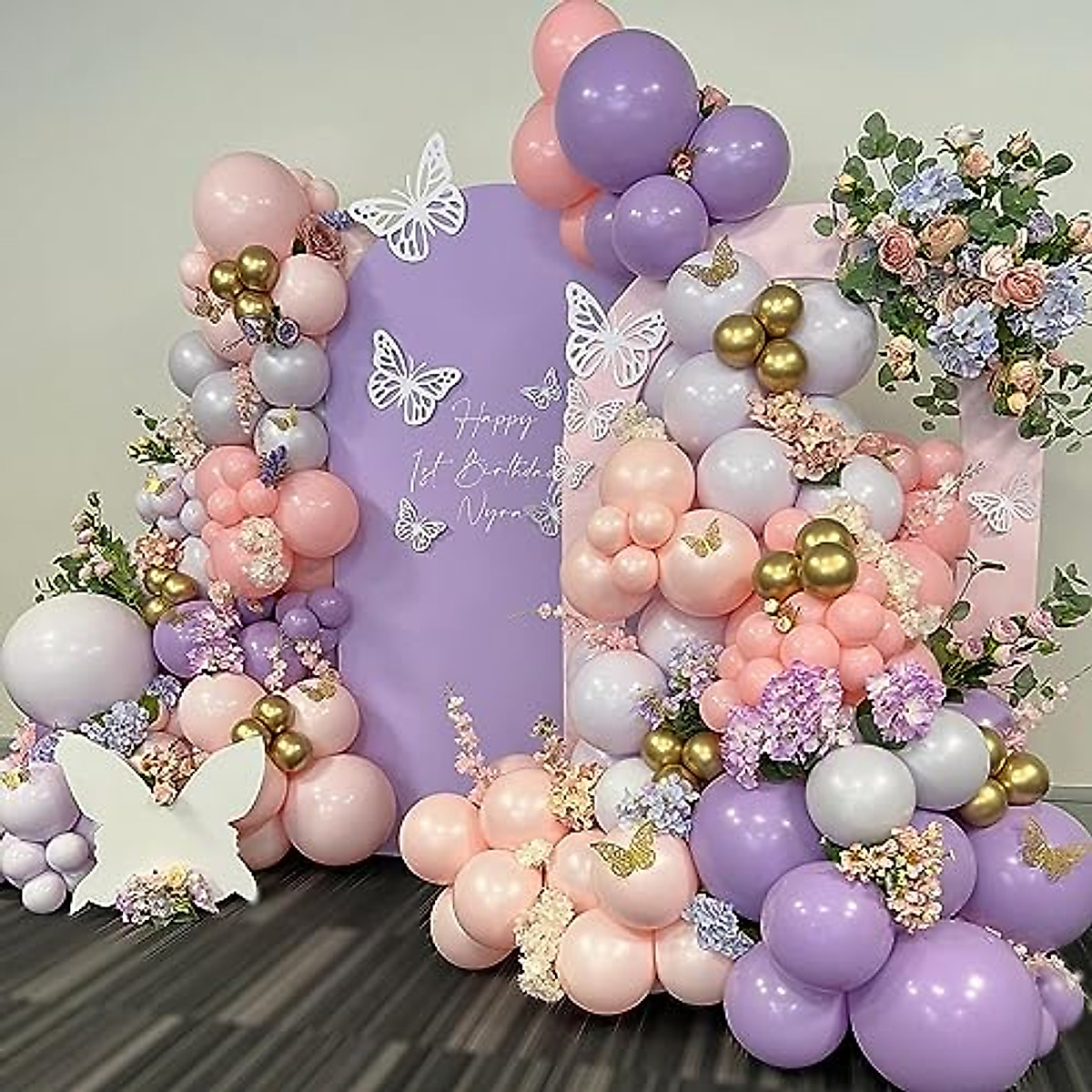 Purple and Pink Balloon Arch Kit, Pink Purple Gold Balloons Garland Kit with Butterfly Sticker for Purple Theme Birthday Party Bridal Wedding Decorations Baby Shower for Girl Women