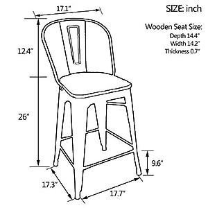 Yongqiang 26" Bar Stools Set of 4 High Back Metal Counter Height Chairs Barstools with Wooden Seat Industrial Matte Black