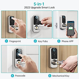 Fingerprint Smart Door Lock with Handle - Hornbill Keyless Entry Door Lock with Lever - Smart Electronic Digital Front Door Keypad - Auto Lock Code App Fob Alexa for Apartment Office - Silver