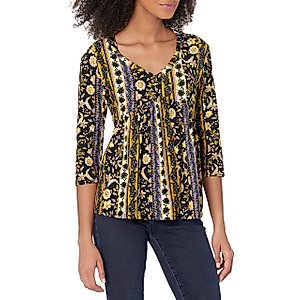 Star Vixen Women's 3/4 Sleeve Babydoll Top with V Neck, Black Mustard Wallpaper, S