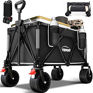Overmont Collapsible Wagon Cart with Wheels - All-Terrain 3.2in Wide Wheels - Foldable 150L Large Capacity with Side Pockets for Camping Sports Garden Grocery Shopping - 330lbs Load