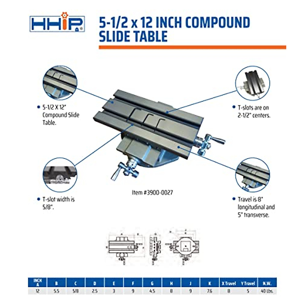 HHIP 3900-0027 5-1/2 x 12 Inch Compound Slide Table