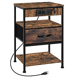 NOVIMANGO Nightstand with Charging Station Bedside Tables with Drawer Bedroom End Table Small Side Tables with USB & AC Ports Industrial End Table with Storage for Living Room Dorm Farmhouse Brown