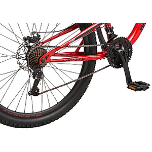 Mongoose Status Mens and Womens Mountain Bike, 27.5-Inch Wheels, 21 Speed Trigger Shifters, Aluminum Frame, Dual Suspension, Front and Rear Disc Brakes, Red