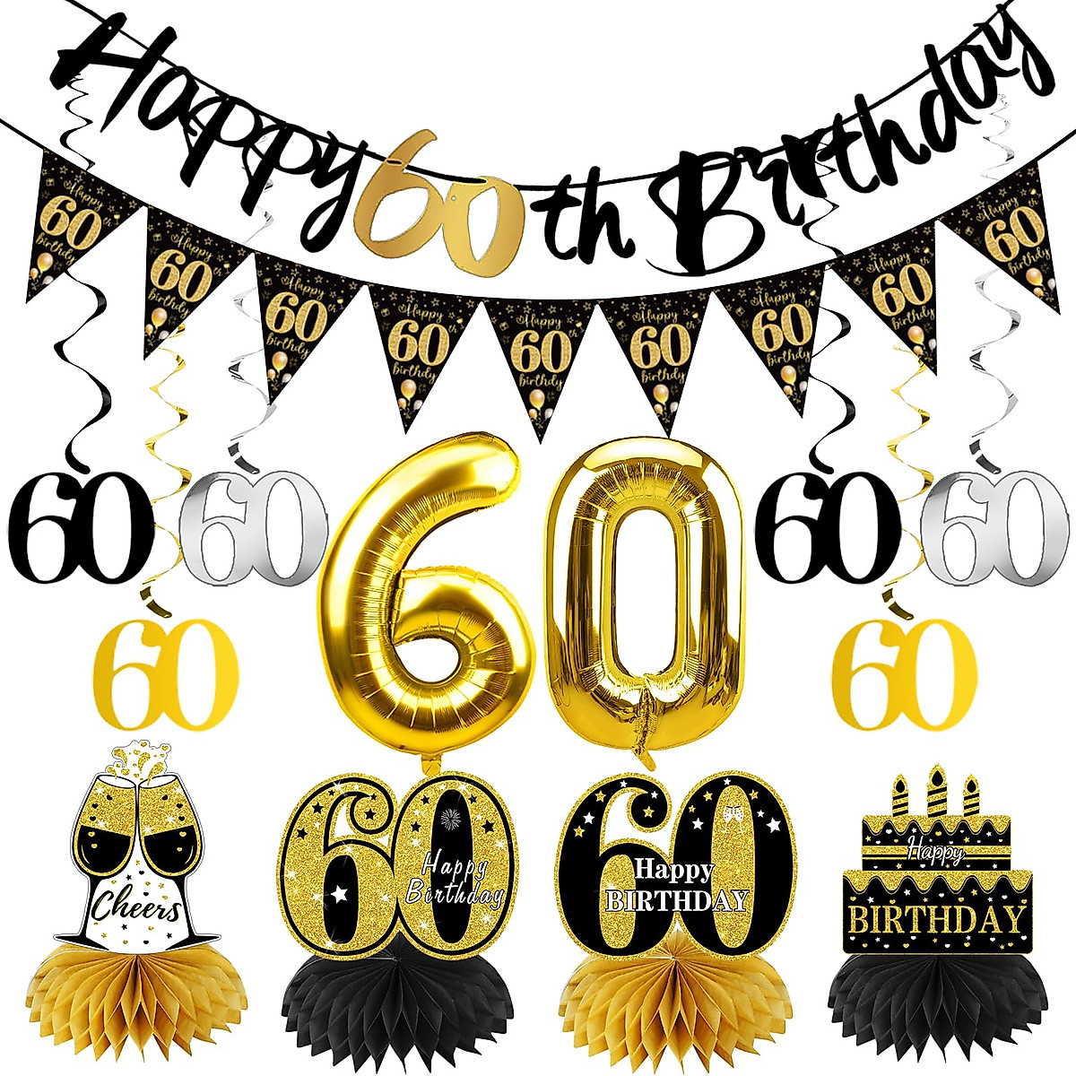 Guiruiy 13PCS 60th Birthday Decorations for Men Women, Black Gold Happy 60 Birthday Banner Centerpieces Swirls Balloons Kit Party Supplies, Sixty Years Old Bday Ceiling Table Topper Decor