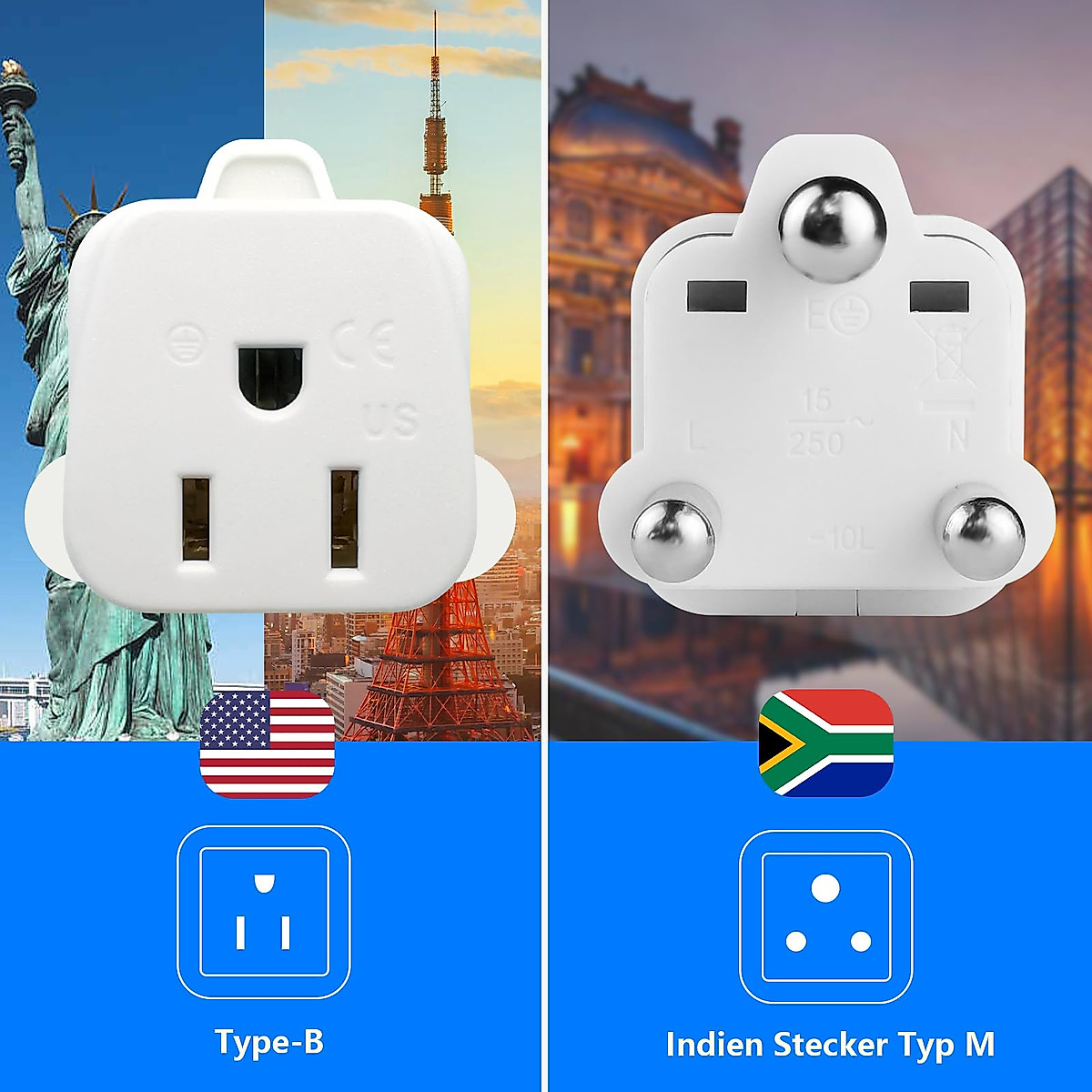 South Africa Travel Plug Adapter,South Africa Plug Adapter 3 Prong Safe Grounded USA to Any Type M for Country Such as Botswana,Nepal Pakistan,Namibia and More,White 2 Pack