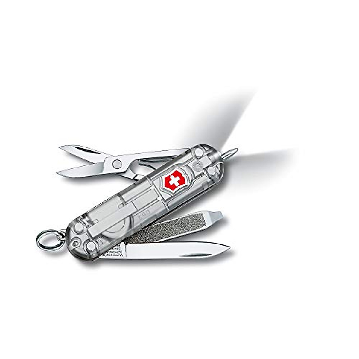 Victorinox Signature Lite Swiss Army Knife, Compact 7 Function Swiss Made Pocket Knife with Pressurized Ballpoint Pen, LED and Key Ring - Silver Tech