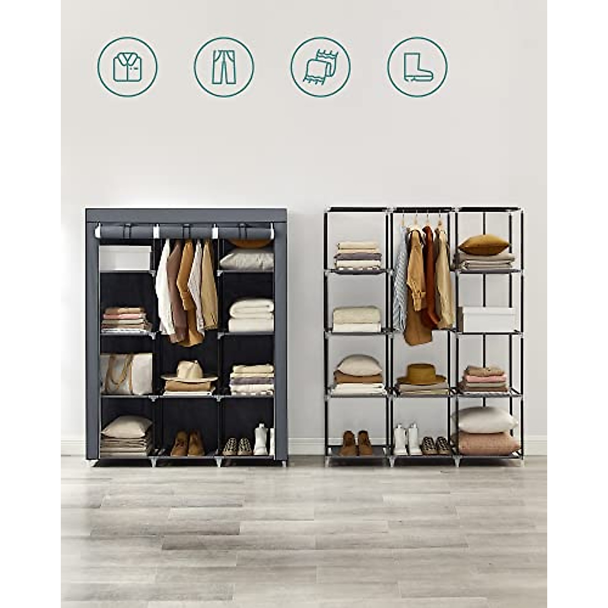 SONGMICS 51-Inch Portable Closet, Wardrobe Storage Organizer with 10 Shelves, Closet System with Hanging Rods and Cover, for Hanging Clothes, Quick and Easy Assembly, Grey URYG93G
