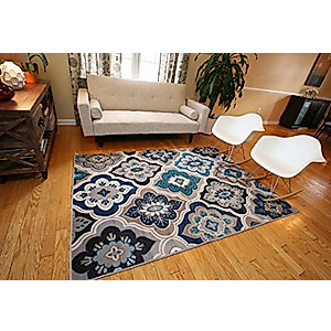 Generations New Contemporary Panal and Diamonds Beige Navy Coral Blue Grey Modern Area Rug Rugs 7'10 Round