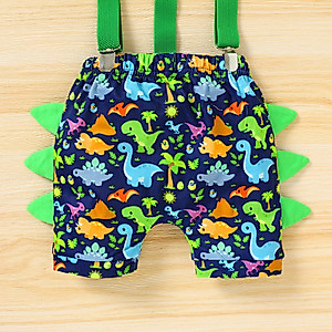 Baby Boys Cake Smash Clothes Dinosaur Romper Diaper Suspenders Pants 3PCS Set First Birthday Outfit for Photo Prop Party Saurus 12-18 Months