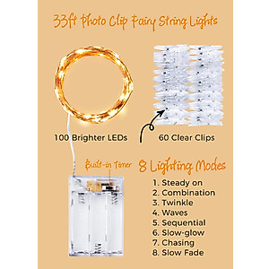 Minetom Photo Clips String Light 33ft - 100 LED Fairy Lights with 60 Clips for Hanging Pictures, Battery Operated Photo Hanger with Timer, 8 Light Modes Twinkle Lights for Room Party Decor