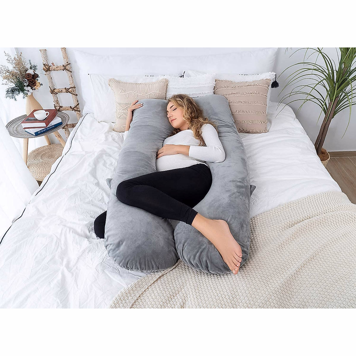 AngQi 60 inch Pregnancy Pillow U Shaped, Full Body Pillow for Pregnant Women/Side Sleepers, Maternity Pillow with Velvet Cover, Gray