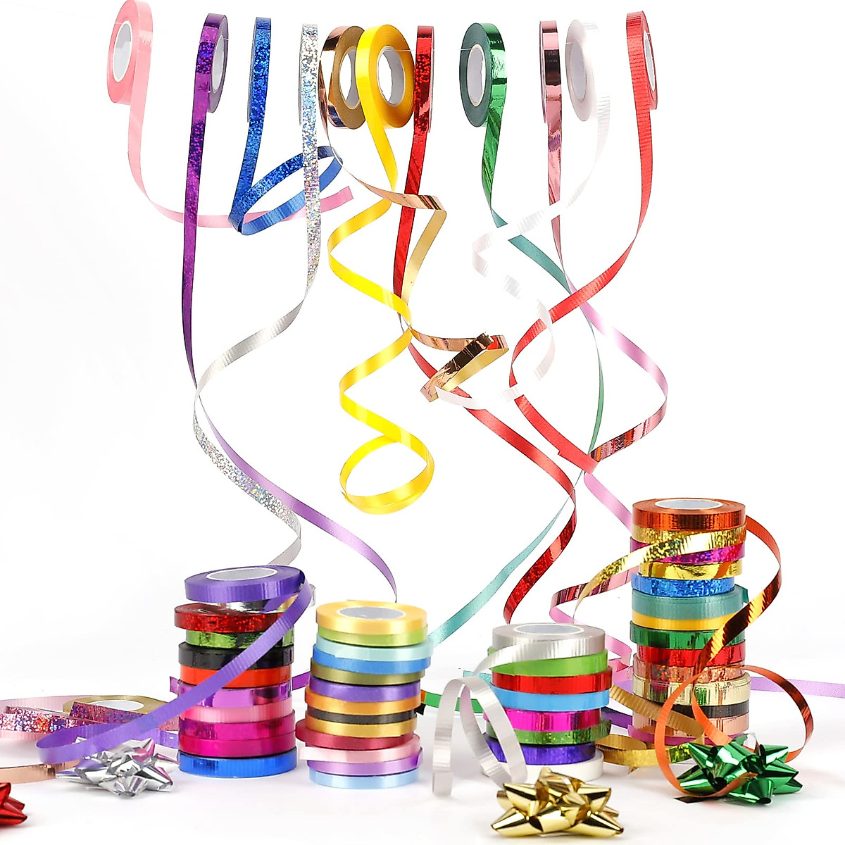 WELTOKE 48 Rolls Curling Ribbon Sparkly Balloon String Roll Gift Wrapping Ribbon for Wrapping, Crafting, Wedding, Party, Festival, Florist Flower(1/5" Wide /8 Laser Colors)