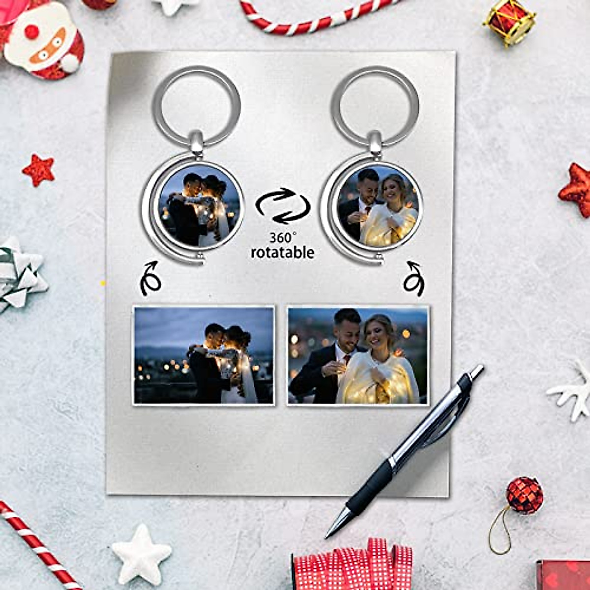 Personalized Custom Keychain with Picture - Turnable Double Sided Colorful Photo Key chains Memorial Gifts for Family Lover, Half Round - Silver