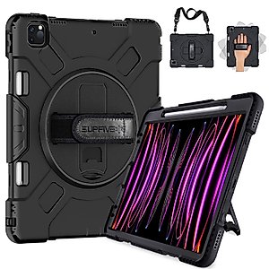 SUPFIVES Case for iPad Pro 12.9 2022 6th Generation: Upgraded Military Grade Shockproof Protective Silicone Cover for iPad 12.9 Inch 5th Gen 2021-Pencil Holder-Handle-Shoulder Strap-Kick Stand-Black