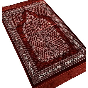 Modefa Turkish Islamic Prayer Rug - Soft & Comfortable Prayer Mat - Muslim Janamaz Sajada - Plush Velvet Praying Carpet for Men and Women - Ramadan or Eid Gift - Geometric Floral Ipek (Red)