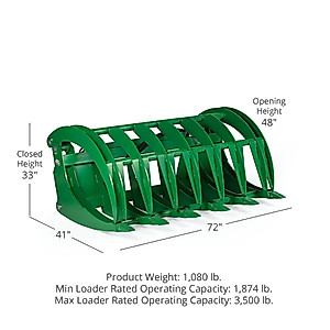 Titan Attachments 72" HD Root Grapple Rake Attachment Fits John Deere Hook and Pin Connection, Recommended for Series 4 Tractors, Twin 3,000 PSI Cylinders, Carry Rocks, Logs, Brush, Debris