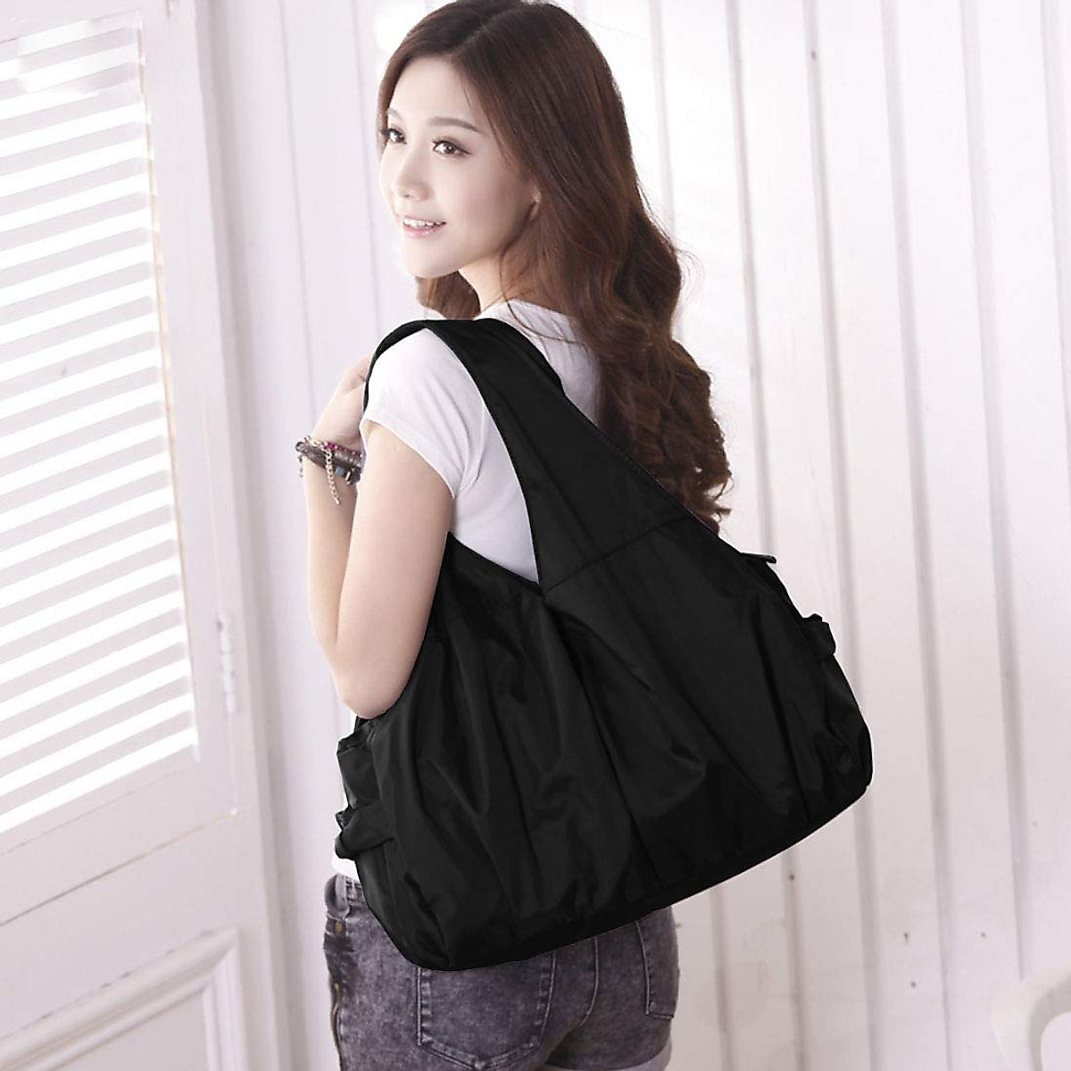 Shoulder Bag for Women, Waterproof Shopping Lightweight Work Purse and Handbag Travel Beach Tote Nylon Large Capacity Hobo (8022-BLACK)