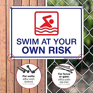 Swim at Your Own Risk Sign, Pool Sign, 10x14 Inches, Rust Free .040 Aluminum, Fade Resistant, Made in USA by Sigo Signs
