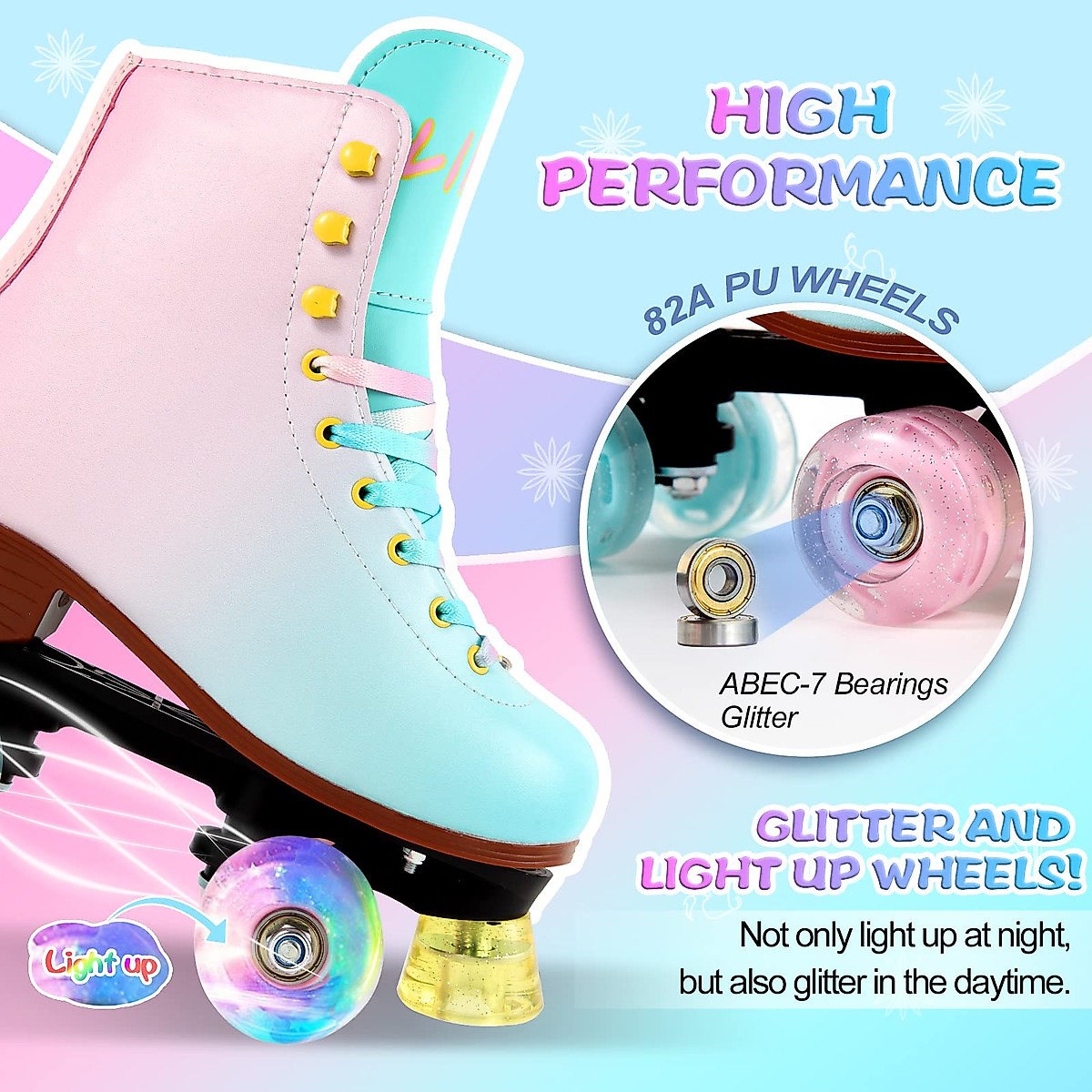 LIKU Quad Roller Skates for Girl and Women with All Wheel Light Up,Indoor/Outdoor Lace-Up Fun Illuminating Roller Skate for Kid (Pink&Blue, 7-8)