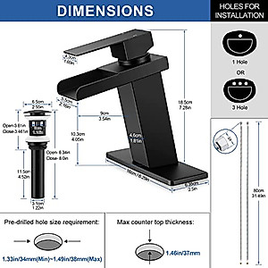 Matte Black Bathroom Faucet, Homikit Waterfall Bathroom Faucets for Sink 1 or 3 Holes, Modern Vanity Faucet with Single Handle Single Hole, Pop Up Drain, Deck Plate, 2 Water Supply Hoses