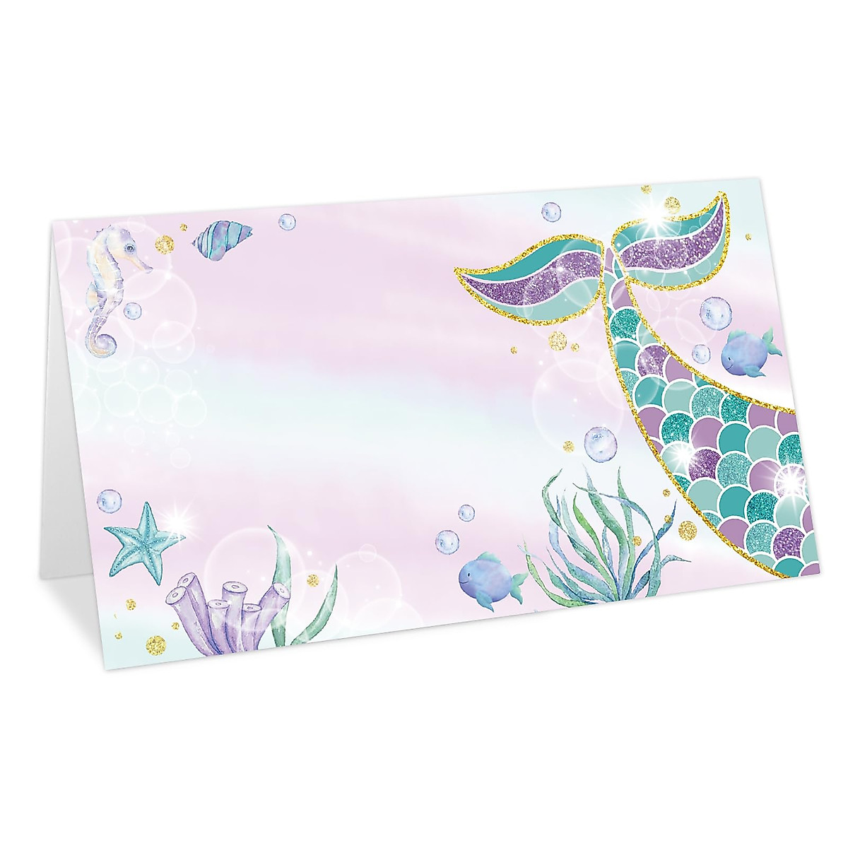 Whaline 100Pcs Mermaid Place Cards 2 x 3.5 Inch Purple Tent Name Cards Blank Seat Assignment Label Cards for Party Table Setting Supplies
