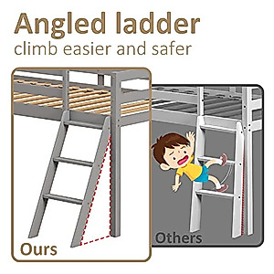 TOLEAD Loft Bed with Slide, Wood Twin Low Loft Bed with Climbing Ladder & Storage Space for Kids Toddler, Grey