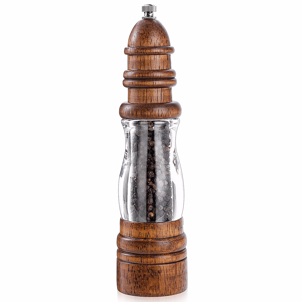 Leden Wood Pepper Grinder Mill, Manual Salt and Pepper Mills refillable with Visible Window, Pepper Shakers, Salt Mill, Adjustable Coarseness Fine to Coarse, 8.6 Inches (1 Pack)
