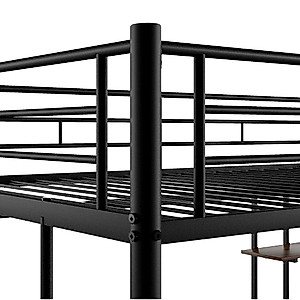 RUNWON Full Size Metal High Loft Bed with Under-Bed Long Desk and Storage Shelves for Kids Adults