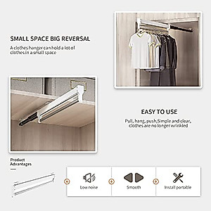 550mm/21.6'' Pull-Out Closet Valet Rod Adjustable Wardrobe Clothing Rail Top Mount Wardrobe Hanger Rack Bar Ball Bearing Slide Heavy Duty