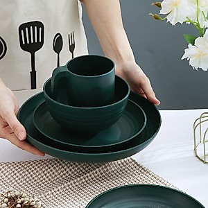 Kyraton 16-Piece Unbreakable Polypropylene Dinnerware Set, Dark Green, Microwave Safe