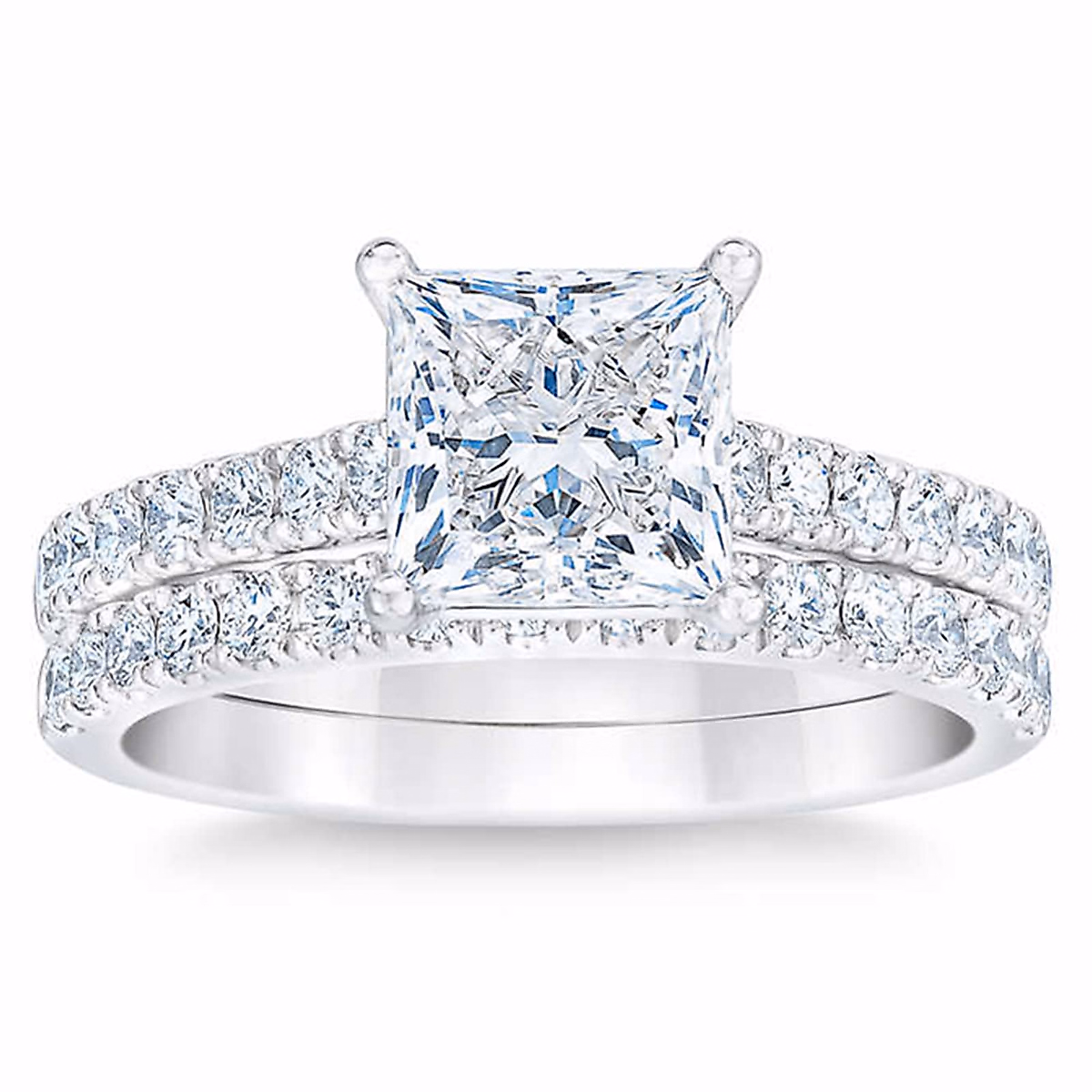 Princess Cut Wedding Rings Set For Women, 2 Carat Center Moissanite Bridal Rings Set 18K White Gold Engagement Ring Promise Anniversary Ring