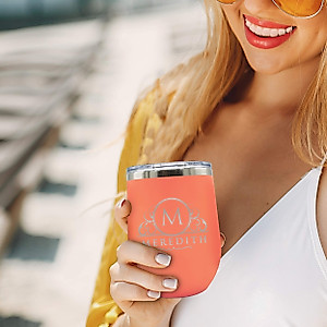 The Wedding Party Store Personalized 12 oz Insulated Stemless Wine Tumbler - Custom Engraved and Monogrammed (Coral)