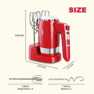 Bear Hand Mixer Electric, 5 Speed with Turbo Powerful Electric Hand Mixer with Storage Base, 4 Stainless Steel Accessories, Easy Eject, Red Mixer Electric Handheld for Whipping Dough Brownies Cream Cake & Cookies
