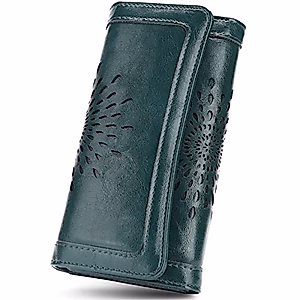 APHISON Womens Wallets RFID Blocking PU Leather Clutch Long Wallet for Women Card Holder Phone Organizer Ladies Travel Purse Hollow Out Sunflower Design Gift Box 2214DARK-GREEN