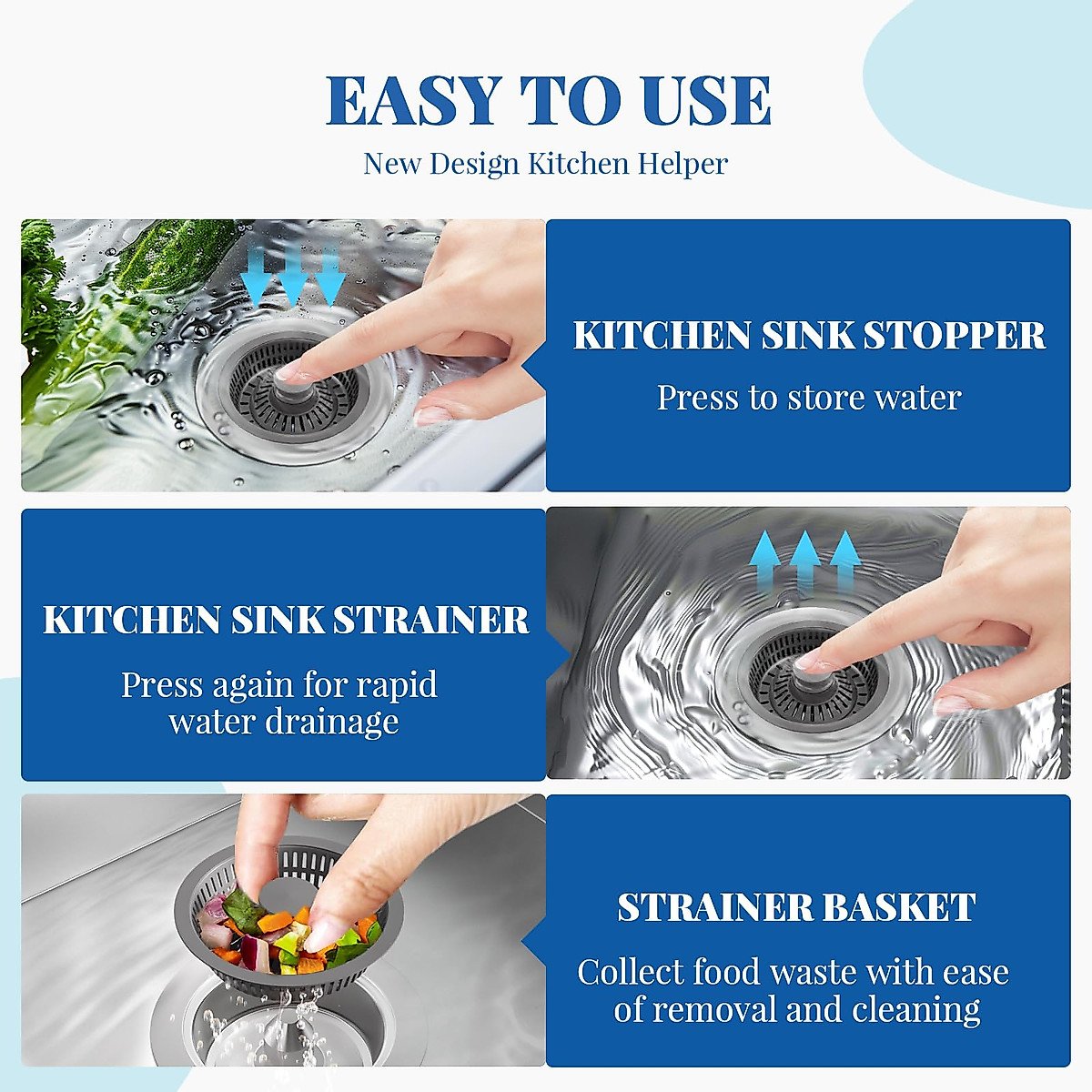 Wanocean Upgraded 3in1 Kitchen Sink Drain Strainer & Sink Stopper,304 Stainless Steel Metal Sink Drain Stopper with Anti-Clogging Wider Strainer Basket,Kitchen Essentials for US Standard 3-1/2" Drain