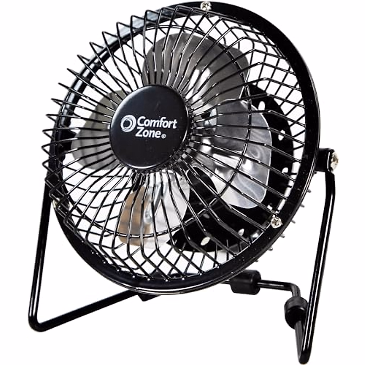 Comfort Zone Mini Portable Desk Fan with 360-Degree Adjustable Tilt, Dual Powered (USB or Power Cord), 4 inch, All-Metal Construction, Airflow 3.31 ft/sec, Ideal for Home, Bedroom & Office, CZHV4BK