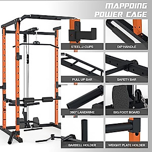 Mappding Power Cage, Power Rack with LAT Pulldown, Multi-Functional Squat Rack, 1500 Lbs Capacity Squat Cage with More Training Attachments for Home Gym, Black&Orange