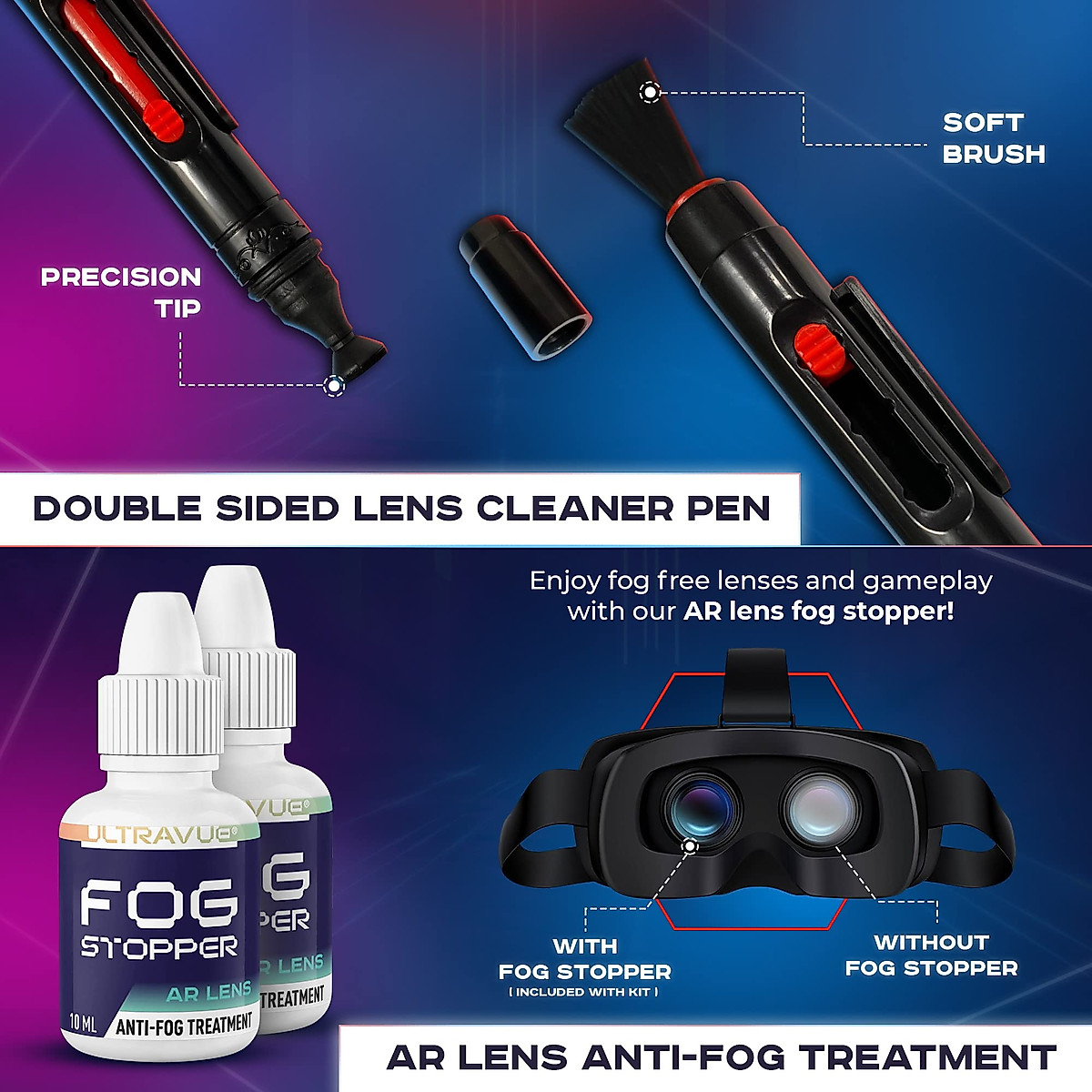 UltraVue VR Cleaning Kit and Anti-Fog Treatment - Includes VR Cleaner Gel Sprays, Microfiber Cloths, Anti Fog Drop Treatments, Brush and Air Bladder with Precision Nozzle