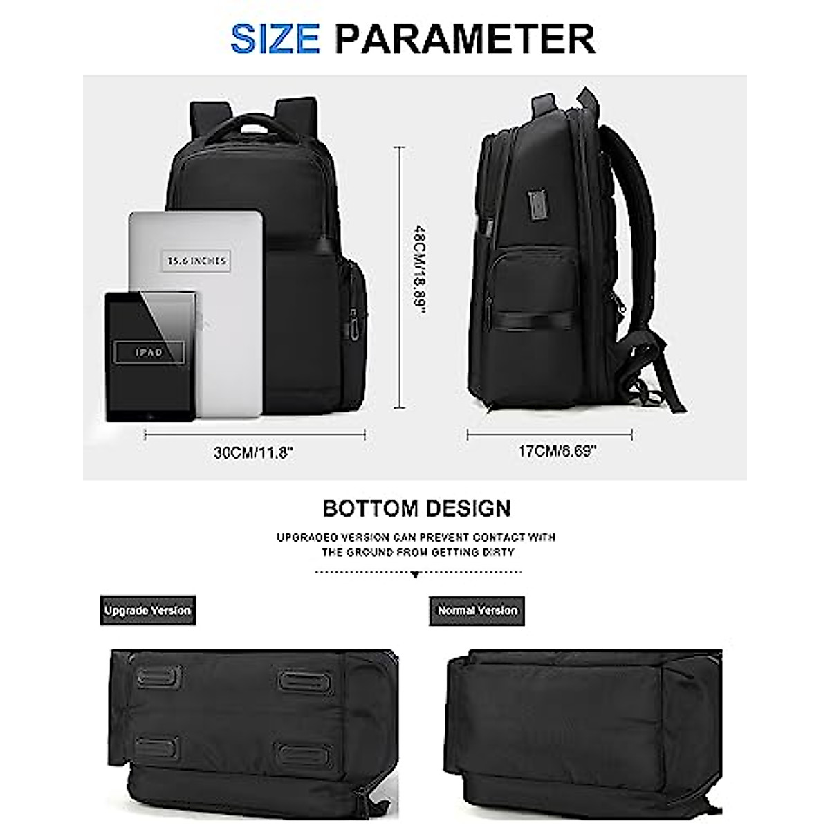 Travel Laptop Backpack for Men, Waterproof Anti Theft Backpack for Women, Hiking Backpacks with USB Type-C Charging, Business Back pack Daypack, Black Upgrade