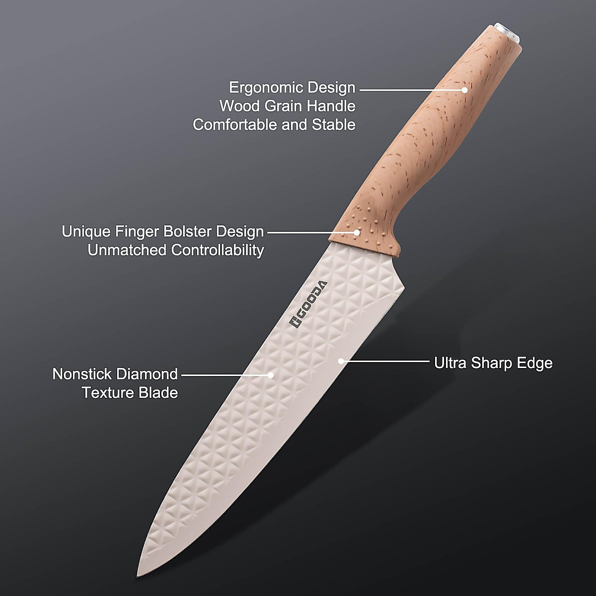 GOODA Kitchen Knife Set With Block,6-Piece Professional Chef Cooking Knives Set For Kitchen,Non-Stick Stainless Steel Knife Block Set (Khaki)