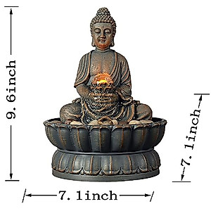 Kalona Home Décor 9.6" Tabletop Fountain Exquisite Smile Sitting Buddha Fountains Desk Water Fountain Decorative Zen Fountain w/Reflective Lighting/Cobblestone Office and Home Decor(21125A)