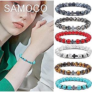 SAMOCO 12Pcs Healing Stone Beaded Bracelets for Women Men Semi-Precious Gemstones Bracelets Crystal Cross Beaded Bracelet Unisex Adjustable Stretch Bracelets 8MM