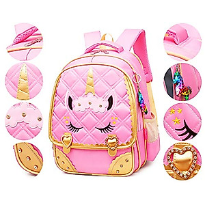 Moonmo Cute Unicorn Face Diamond Bling Waterproof Pink School Backpack Set Girls Book Bag (Large, Pink Set)
