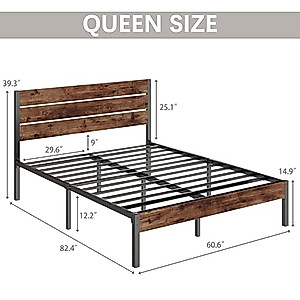 Fluest Queen Bed Frame with Headboard and Footboard, Metal Queen Bed Frame with Under Bed Storage, All-Metal Support System, No Box Spring Needed, Easy Assembly,Rustic Brown