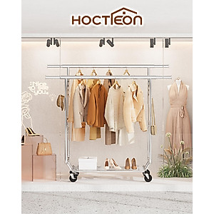 Hoctieon 2-Minute Assembly Double Rod Clothes Rack, Heavy Duty Rolling Clothing Racks with Wheels, Foldable Commercial Garment Rack, Extendable Hanging Bar, Adjustable Metal Pole with Hooks, Chrome