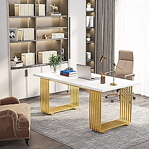 Tribesigns 70.9" Modern Office Desk, Wooden Computer Desk, White Executive Desk with Gold Metal Legs, Large Workstation for Home Office, Study Writing Desk, Small Conference Table for Meeting Room